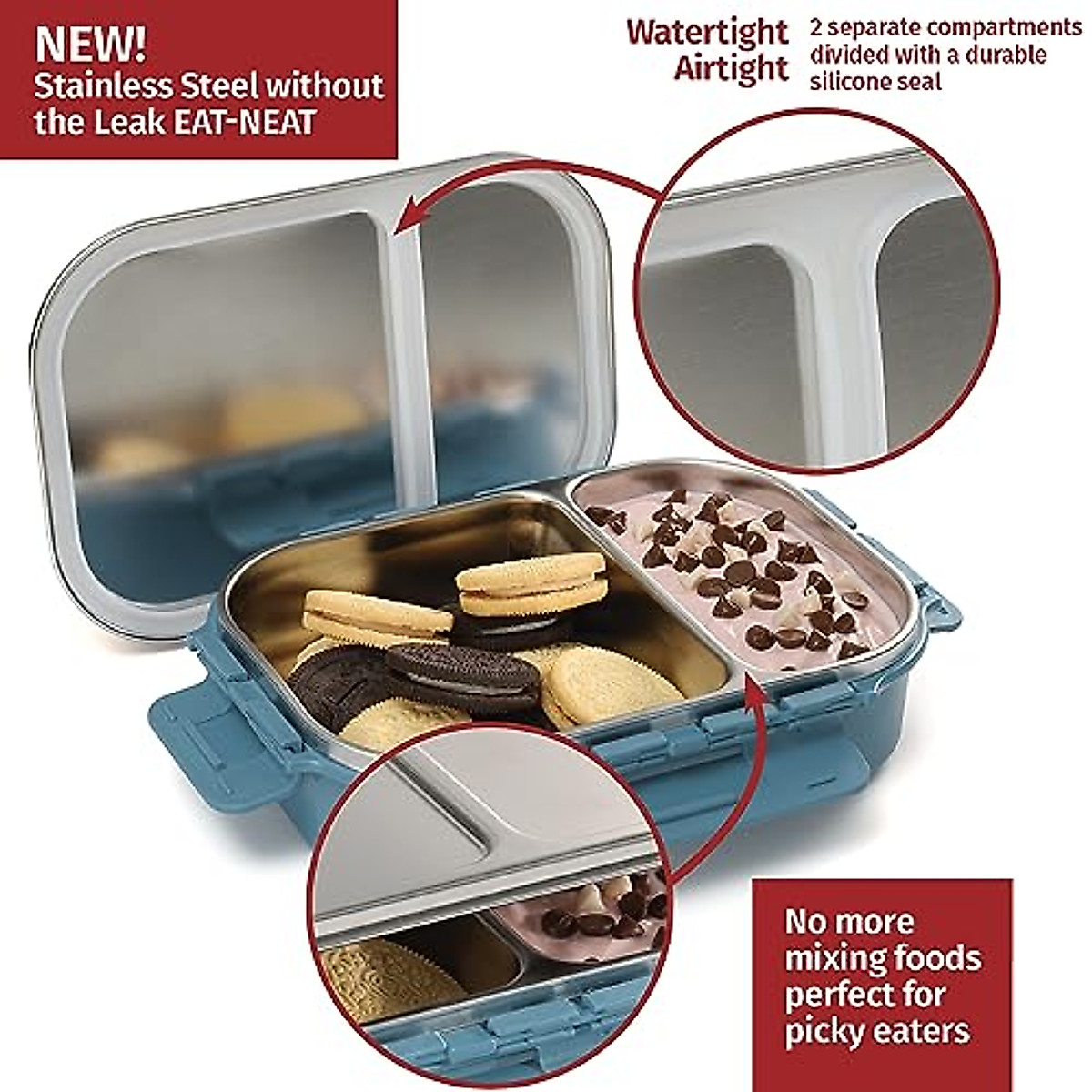 Signoraware Stainless Steel Bento Box Adult Lunch Box For Men, Women, Kids Bento Lunch Box Leak Proof Between 2 Compartments Meal Prep Containers Lunch Containers For Adults And Kids School Aqua Blue