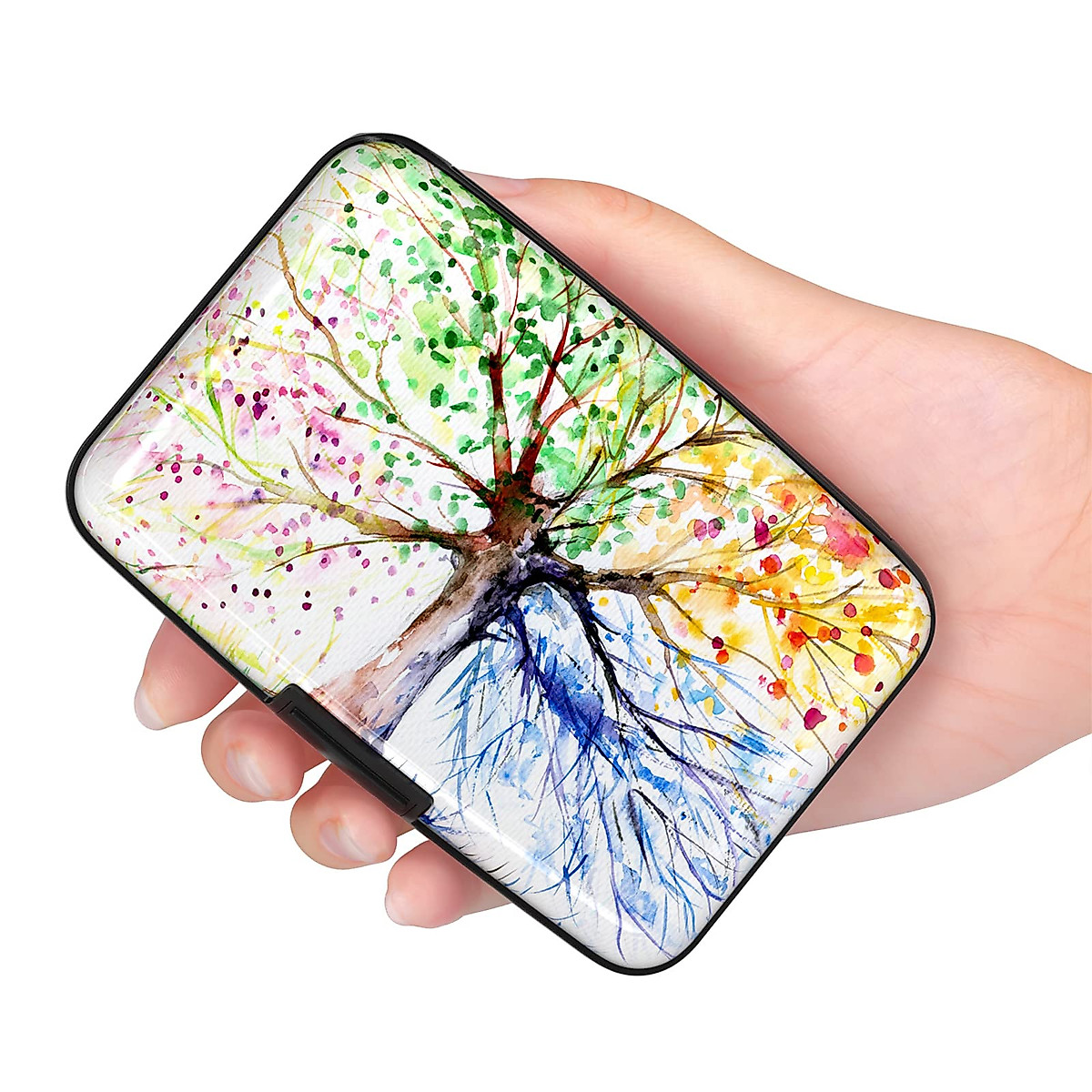 Hsxnam Credit Card Holder for Women, Mini RFID Metal Credit Cards Wallet Cute Pocket Business Card Holder ID Case, Pink Tree of Life