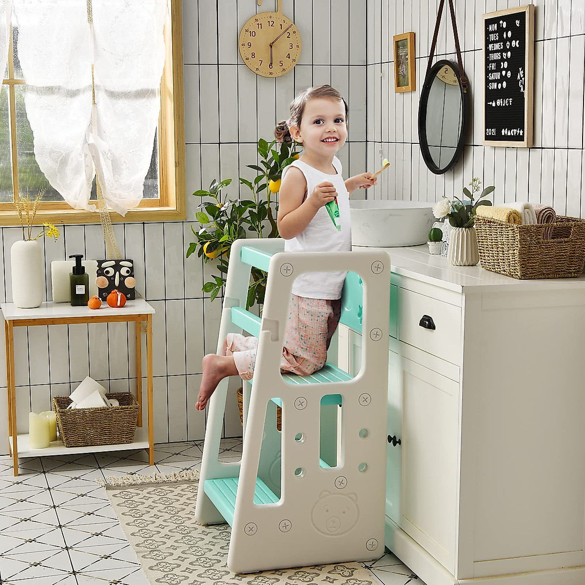 Costzon Kids Kitchen Step Stool with Double Safety Rails, Toddler Learning Stool with 3 Adjustable Heights and Non-Slip Foot Pads, Toddler Tower for Kitchen Countertop and Bathroom (Green)
