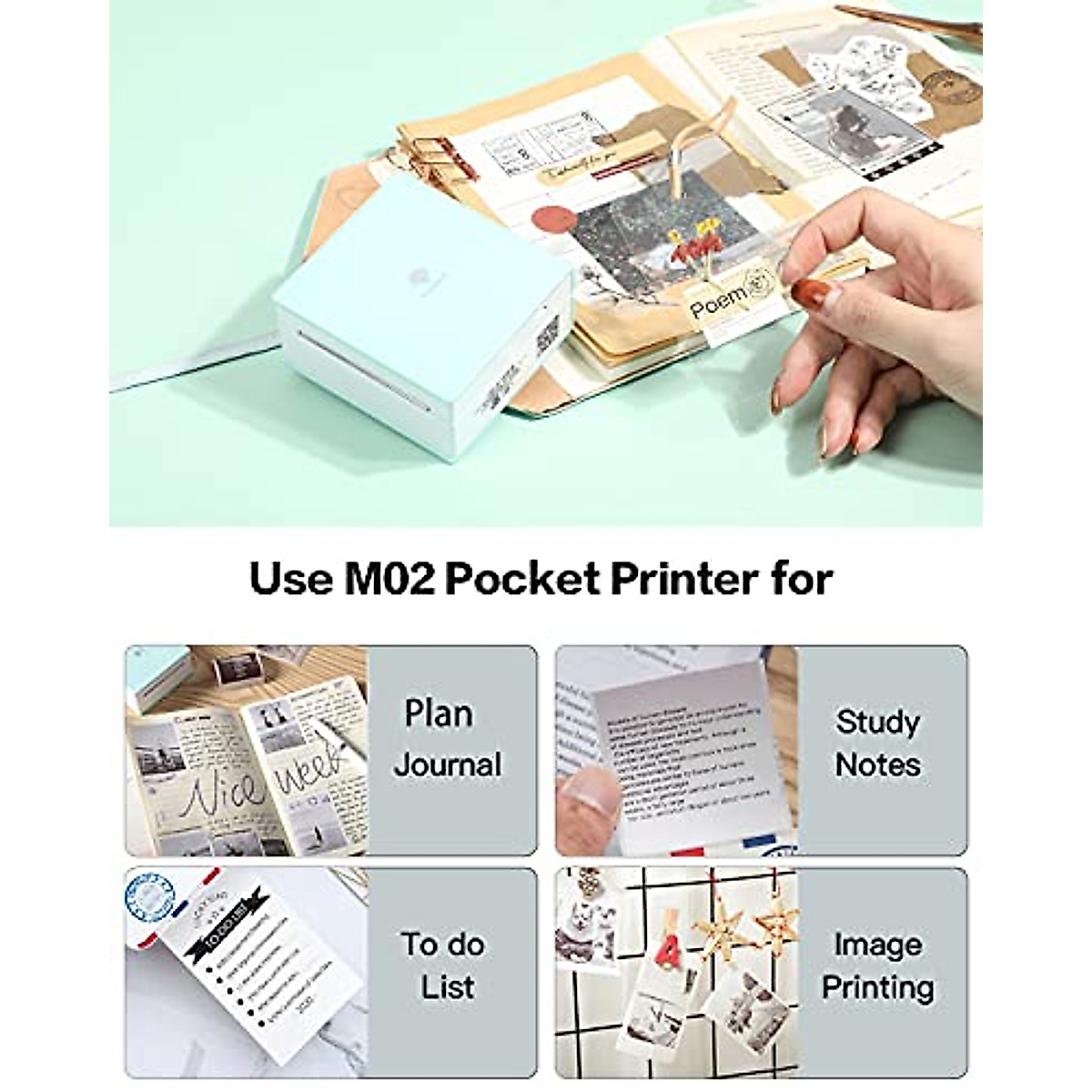 Phomemo M02 Pocket Printer- Mini Printer Inkless Sticker Printer Bluetooth Photo Printer Portable Thermal Printer for Learning Assistance, Study Notes, Journal, Fun, Work
