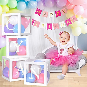 Baby Shower Decorations for Boy Girl, 4PCS Graduation Decor Blocks with 30PCS Letters(A-Z+BABY) Bridal Shower Decorations Transparent Ballon Boxes Gender Reveal Party Supplies Favor Birthday Backdrop