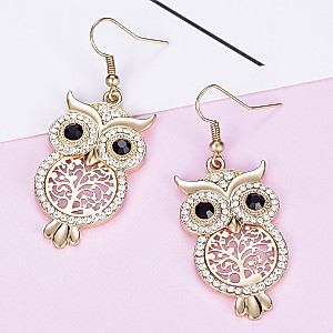 Cute Owl Drop Earrings with CZ Crystal for Women Girls - Clear Diamante Animal Dangle Earring, Anti-allergy Statement Costume Jewelry