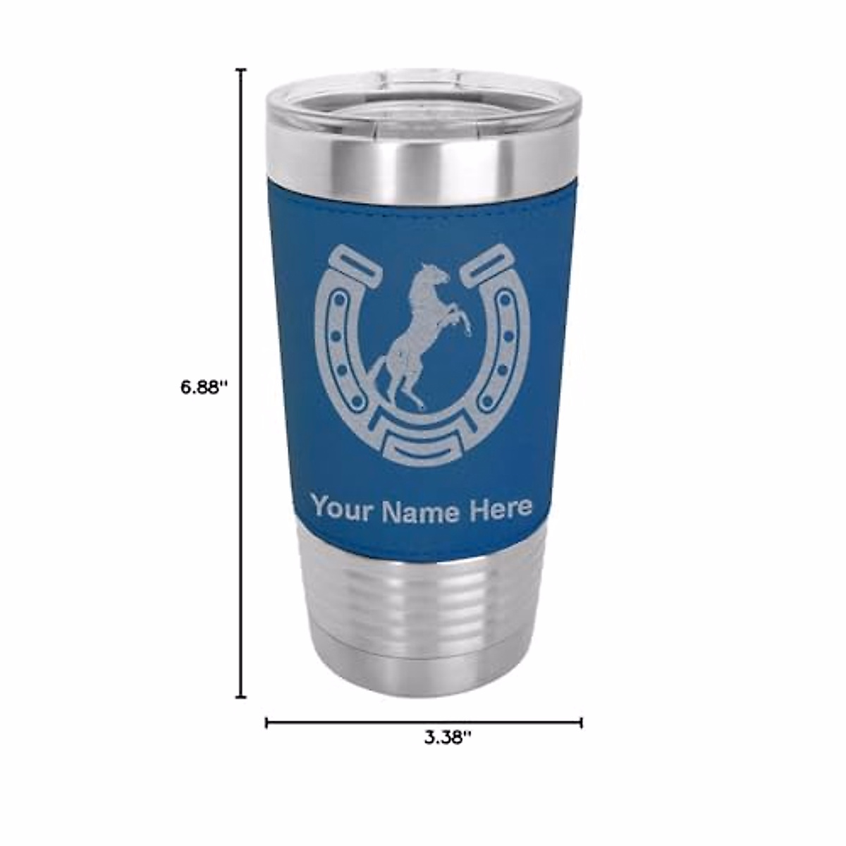 LaserGram 20oz Vacuum Insulated Tumbler Mug, Horseshoe with Horse, Personalized Engraving Included (Faux Leather, Blue)