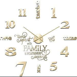 Junkin 3D Large Frameless DIY Wall Clock,Modern Decor Family Quote Wall Stickers Clock kit for Home Living Room Bedroom Office Wall Decorations Adjustable Size (Gold)