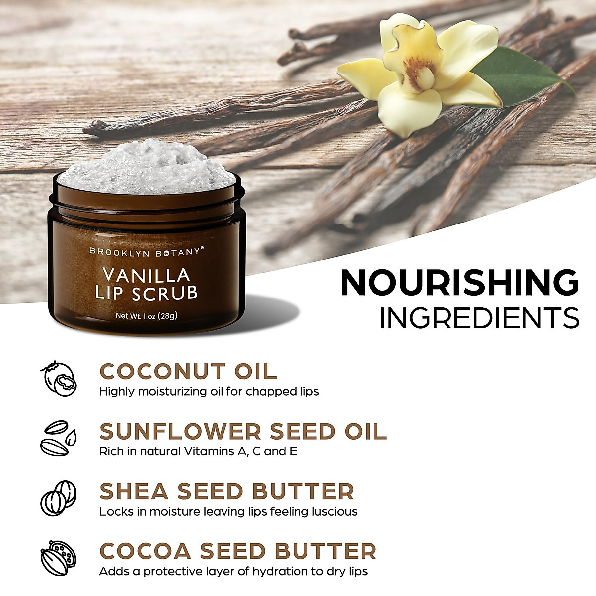 Brooklyn Botany Lip Scrub Exfoliator 1 oz – Lip Moisturizer for Dry Lips and Chapped Lips – Gentle Lip Exfoliator for Smooth and Brighter Lips – Vanilla Flavor