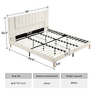 Flolinda King Size Platform Bed Frame with Velvet Upholstered Headboard and Wooden Slats Support, Fully Upholstered Mattress Foundation/No Box Spring Needed/Easy Assembly, Cream White
