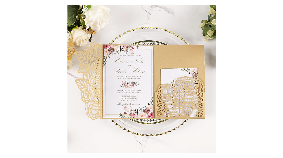 Elegant Gold Laser Cut Wedding Invitation Kit – 50 Pcs