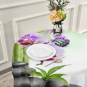 Pfrewn Spa Zen Garden Round Tablecloth Basalt Stones Orchid Table Cloth Cover Mat Lace Washable Polyester 60" Dining Decorative for Holiday Home Party Wedding Picnic