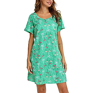 ENJOYNIGHT Womens Nightgowns Cotton Sleepwear Plus Size Sleep Shirts Short Sleeves Nightshirt Print Sleepshirt (Medium, Flamingo)