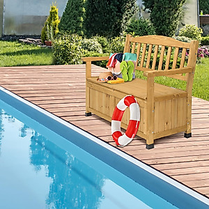 Cedar Wood Deck Box Bench, Storage Box with Backrest Armrest, All-Weather Yard Container Furniture for Tools, Toys, Outdoor Storage Bench Deck Box w/Seat for Backyard, Porch, Patio (Bright Yellow)