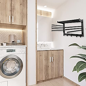 Laundry Clothes Drying Rack, Foldable Wall Mounted Drying Rack, Swivel Towel Rack with 5 Coat Hooks & 7 Swing Arms, Space Aluminum Drying Rack for Laundry Room Organization and Bathroom (Silver 7rods)