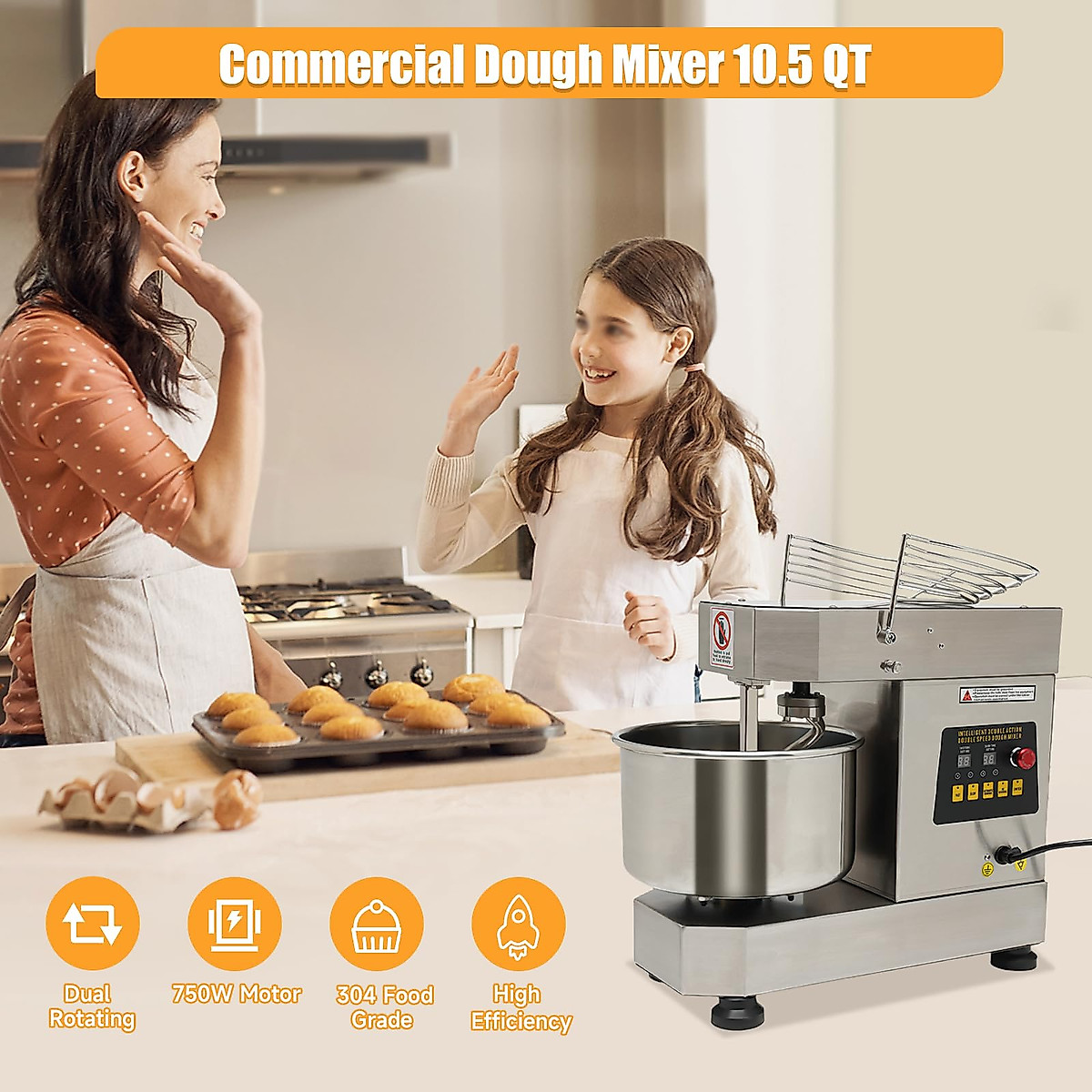 Commercial Food Mixer, 10.5Qt Capacity, 750W Dual Rotating Dough Kneading Machine with Food-grade Stainless Steel Bowl, Security Shield & Timer Included, Baking Equipment for Restaurant (Silver)