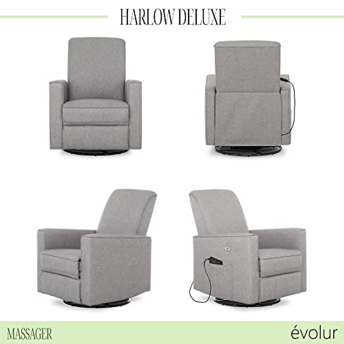 Evolur Harlow Deluxe Glider with Massager |Recliner| Rocker in Light Grey