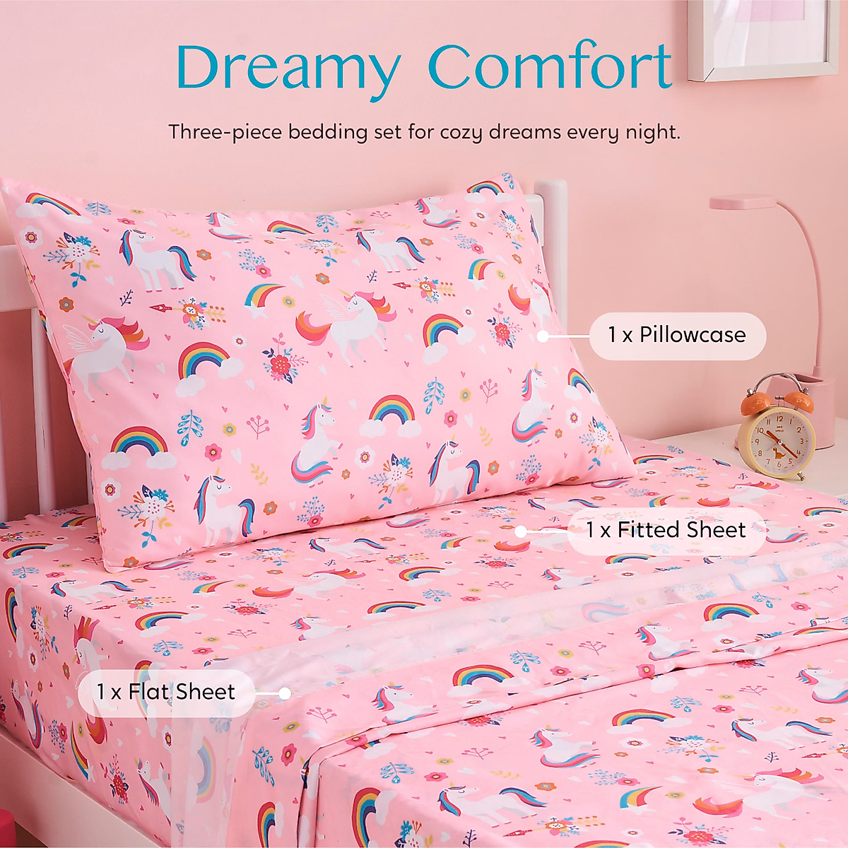 Joiedomi Kids Twin Sheet Set Unicorn - 3 Piece Soft Microfiber Bed Sheets - Deep Pocket Wrinkle Free - Cozy Toddler Bedding Set - Fade Resistant Breathable for Boys Girls Teens
