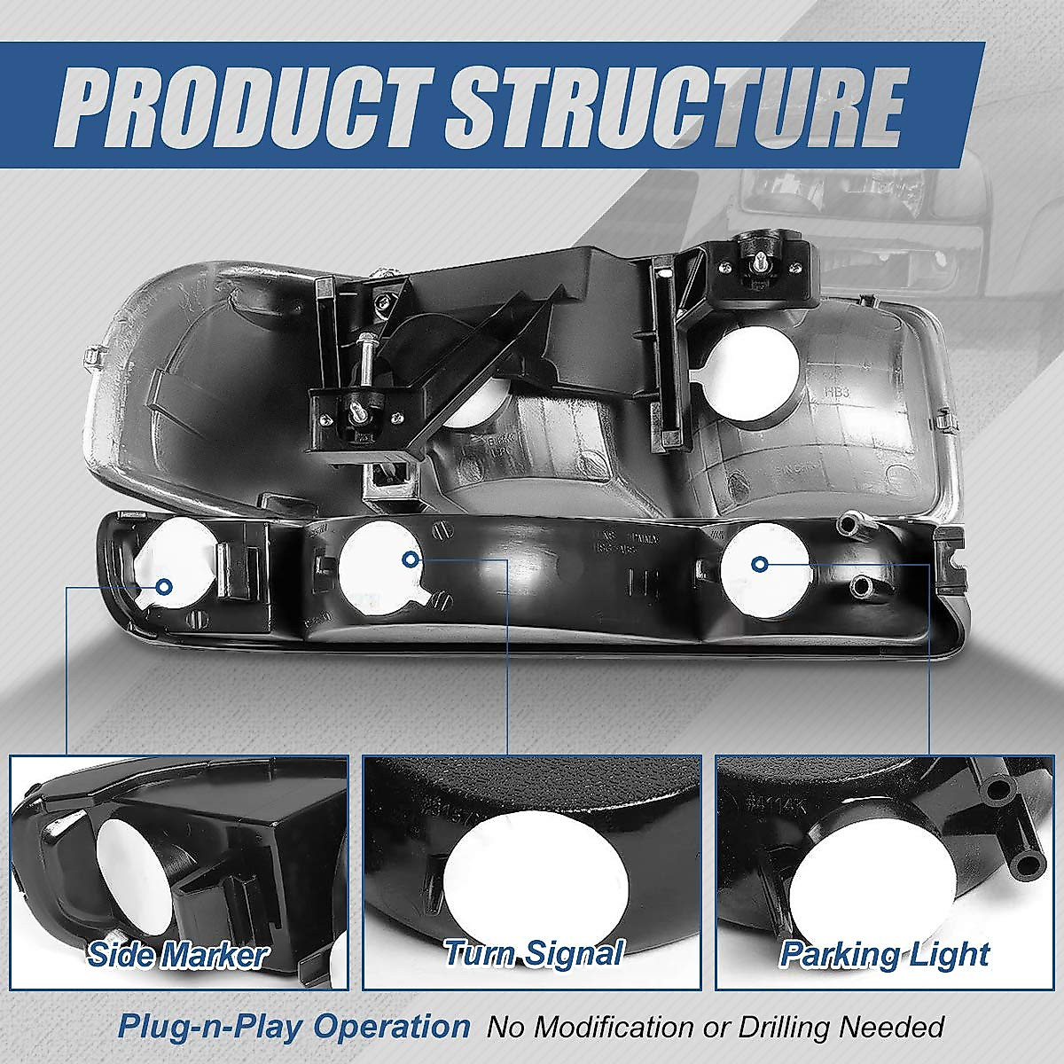 Auto Dynasty 4PCS Factory Style Headlights Assembly and Bumper Lamps Compatible with GMC Sierra Yukon 1500 2500 3500 GMT800 99-07, Driver and Passenger Side, Black Housing Clear Corner