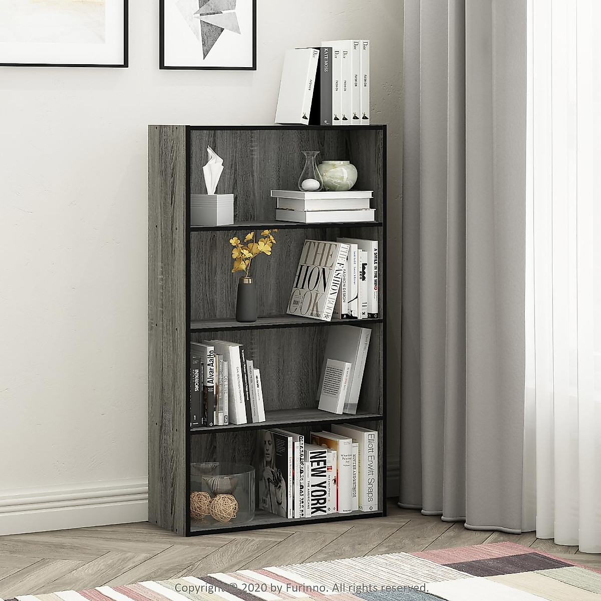 Furinno Pasir 4 Tier Open Shelf, French Oak Grey