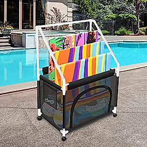 Heavy Duty Vertical Poolside Pipe Towel Rack for Pool, Lake, RV, PVC Outdoor Pool Beach Towel Rack Shelf with Organizer Net Mesh and Moveable Wheels, 4 Small Towel Clips and Installation Hammer