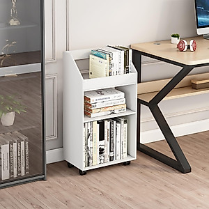 HAYOFAMY 3-Tier Mobile Bookshelf, White Bookcase with Wheels, Rolling File Holder Desk File Book Organizer for Home Office Living Room School
