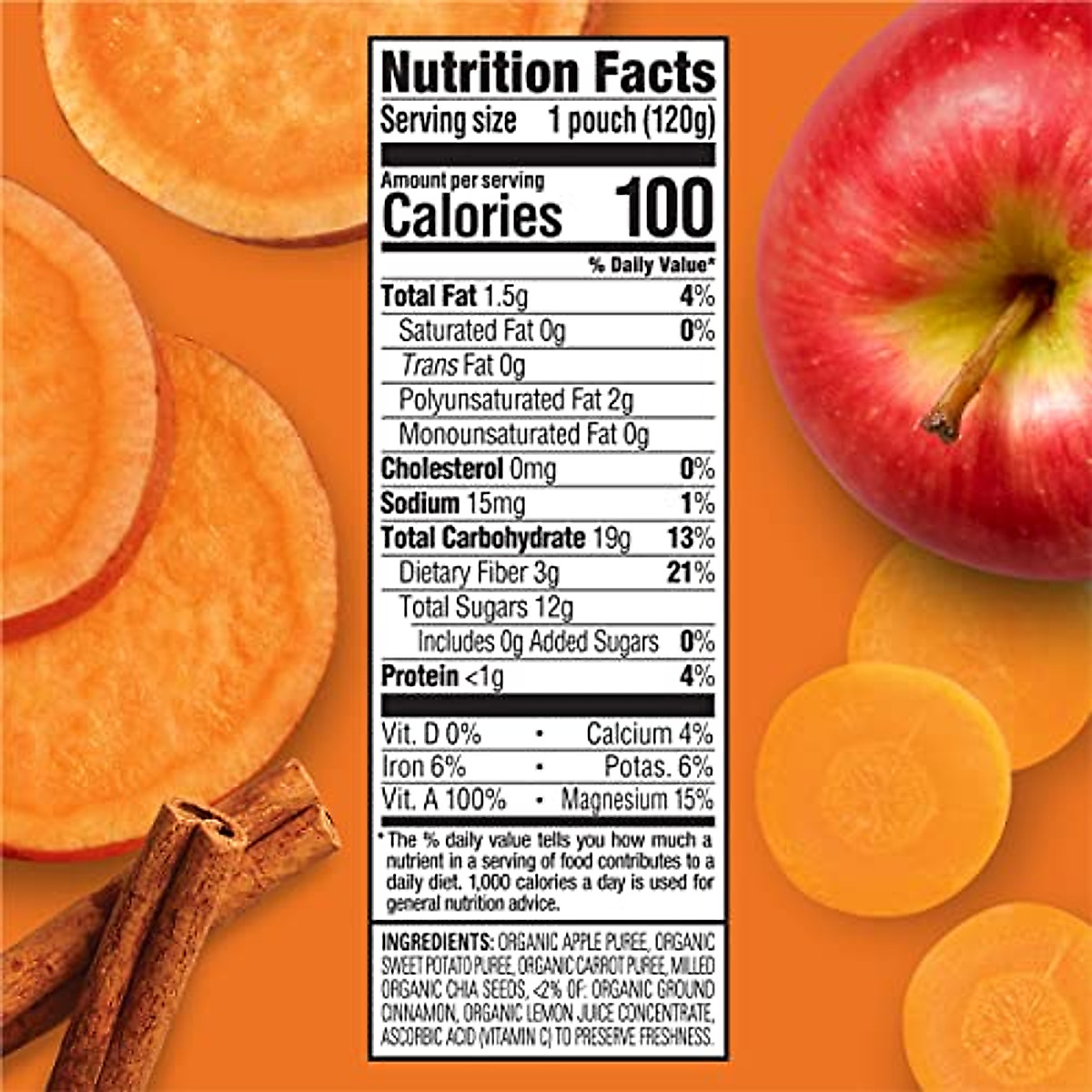 HAPPYTOT Organics Super Foods Stage 4, Apples, Sweet Potatoes, Carrots & Cinnamon + Super Chia, 4.22 Ounce Pouch (Pack of 16)