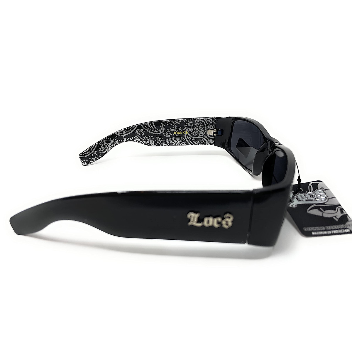 Locs Mens Hardcore Wrap Around Sunglasses with Bandana Print Inside, Black - Black Inside, Medium