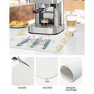 Coffee Mat for Counter,Merry Christmas Happy New Year Pink Snowman Gold Snowflake Absorbent Hide Stain Coffee Bar Mat,Non-slip Coffee Bar Accessories Kitchen Drying Mat Fit Under Coffee Maker