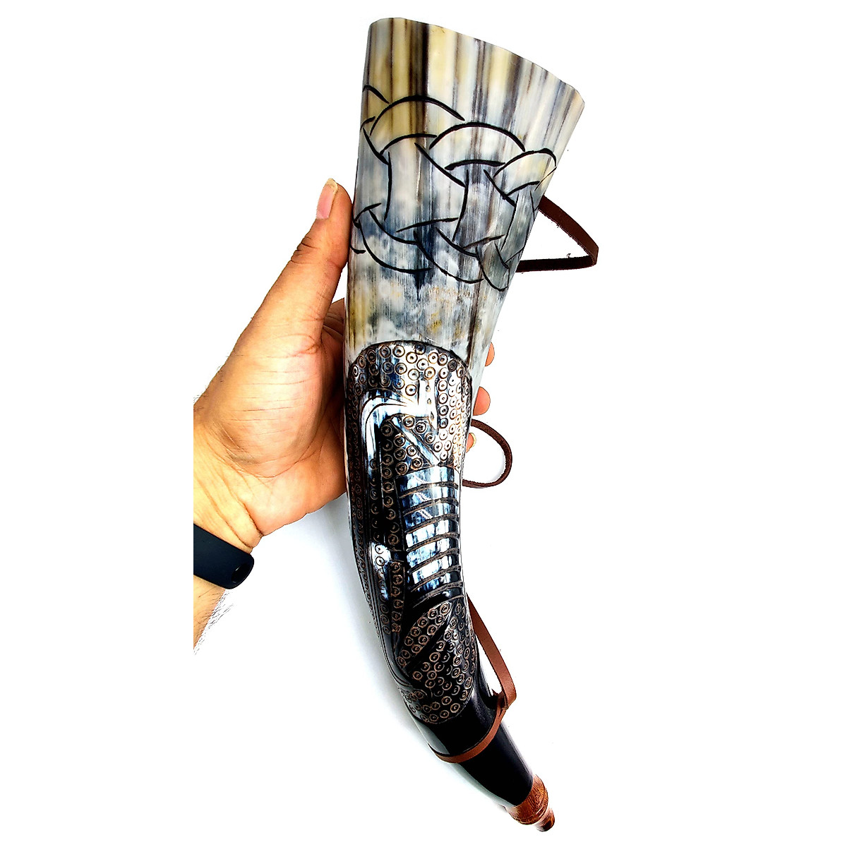 Viking War Horn - 16" Genuine Ox-Horn Battle Trumpet - Premium Hand Engraved BOAT Horn Viking Norse Cattle Ancient Horn Bugle Hunting Tool BATTLE HORN BLOWING HORN VIKING BUGLE HORN With Wooden Stand