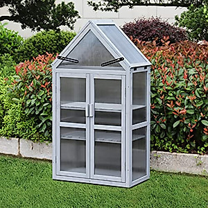 DHPM Greenhouse Cold Frame, Wooden Garden Raised Shelf Planter Mini Portable Stand Kit Indoor Plant Cabinet Triangular Top Grow Protection for Outdoor Patio Balcony Garden Backyard, 27"x 16"x 52" H