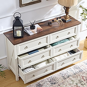 OKYCI Farmhouse 6 Drawer Dresser for Bedroom, Double Wood Chest of Drawers with 1.2" Thickened Top - 54" W x 31.5" H, Antique White