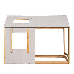 Twin House Bed for Kids, Wooden Twin Floor Bed Frame with Roof and Window, for Girls Boys (Twin Size, Natural+Antique White)