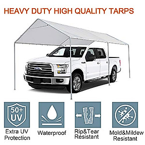 Thanaddo 10 x 20 Ft Carport Replacement Canopy Cover Garage Top Tent Shelter Tarp with Free 48 Ball Bungee Cords,White(Only Cover, Frame Not Include) (10x20 Ft, White)