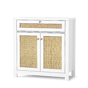 Giluta White Rattan Sideboard Cabinet Kitchen Buffet Cabinet Storage Cabinet with Door and Drawer, Accent Cabinet Freestanding Coffee Cabinet Cupboard Console Table for Dining Room Living Room Hallway
