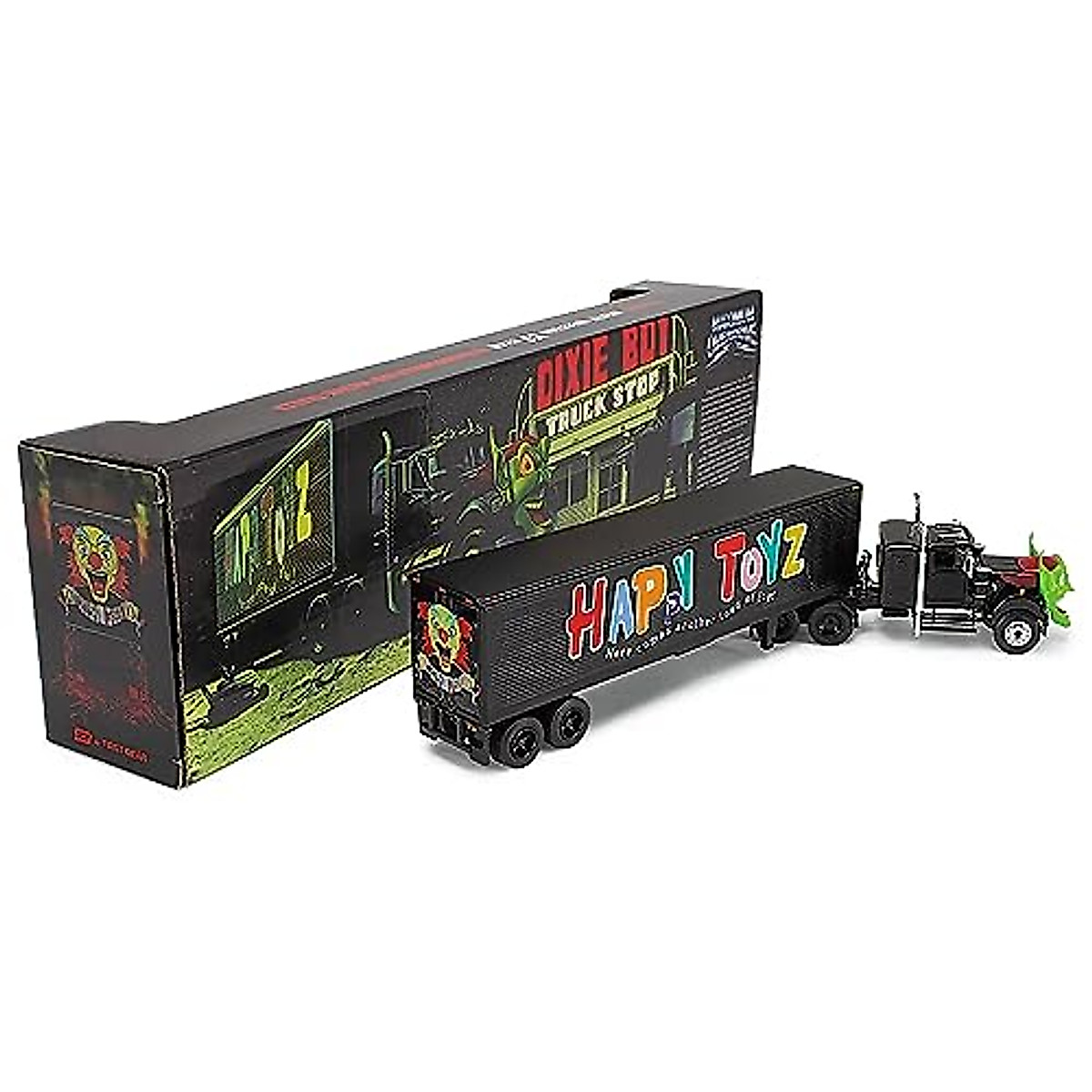 Western Star Truck with Green Goblin Head and 40' Vintage Trailer Happy Toyz Black Maximum Overdrive (1986) Movie 1/64 Diecast Model by DCP/First Gear 60-1503
