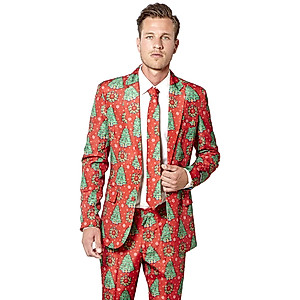 Suitmeister Christmas Suits for Men in Different Prints ,Ugly Xmas Sweater Costumes Include Jacket Pants & Tie,Large,Christmas Trees
