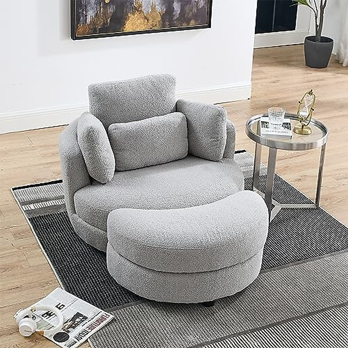 Swivel Accent Barrel Chair with Storage Ottoman,Comfy Teddy Upholstered 360° Recliner Sofa Club Chaise Leisure Round Lounge Armchair Singel Lazy Sofá Arm Chairs and Footrest Set for Living Room/Hotel