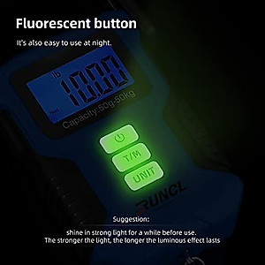 RUNCL Waterproof Fishing Scale with Lip Gripper, Fluorescent Button Digital Fish Scale 110lb/50kg - Backlit LCD Display, 40in Tape Measure - Hanging Scale for Home and Outdoor(Blue)