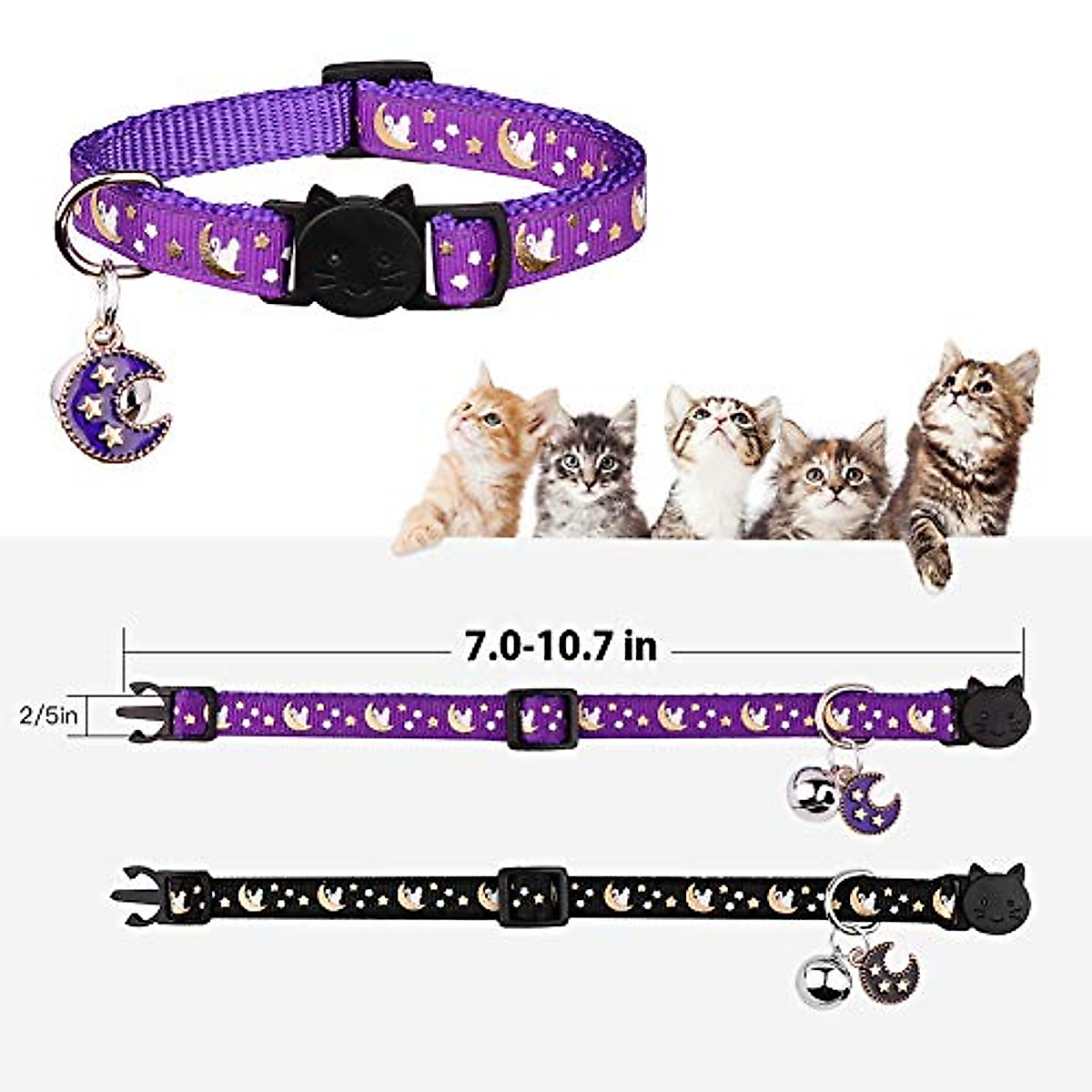 2Pcs Breakaway Cats Collars Cat Collars for Boy & Girl Cats Moons Adjustable Kitten Collars with Bell & Pendant Glow in The Dark,Purple+Black