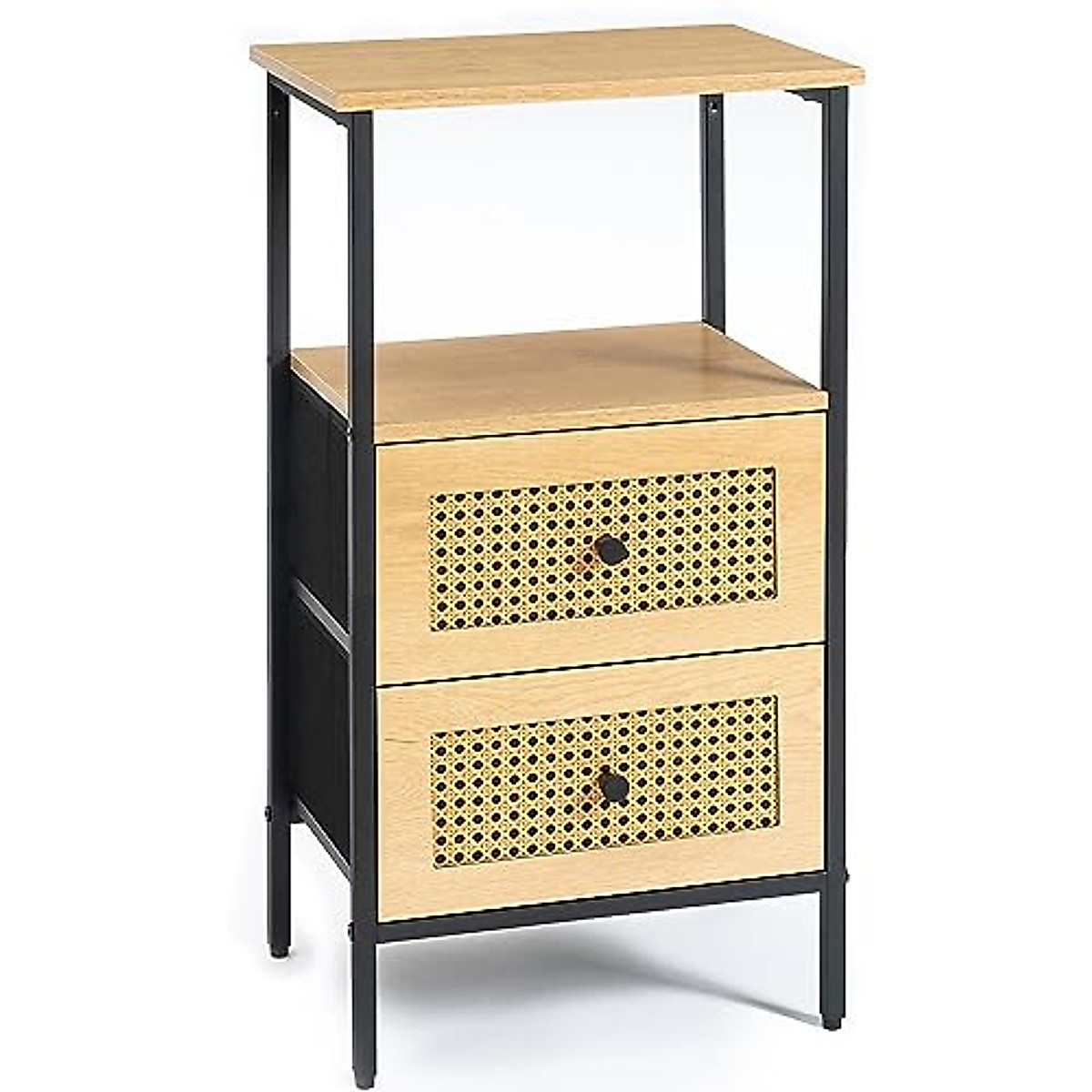 DOVAMY Rattan Nightstand with 2 Drawers, End Table for Small Spaces, Side Table with Storage for Bedroom, Living Room, Dorm, 27.5'' Bed Stand with Open Shelf, Beige BN03B