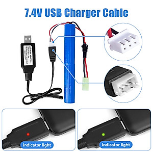 OooSure 2 pcs 7.4V Batteries 2000mAh for SRB1200 SRB400 SRB400-SUB MP5K M4 M110 for Hobby Remote App Controlled Vehicle Water Bead Blaster Airsoft Gun with 2S USB Charger and Mini Tamiya Switch Cable