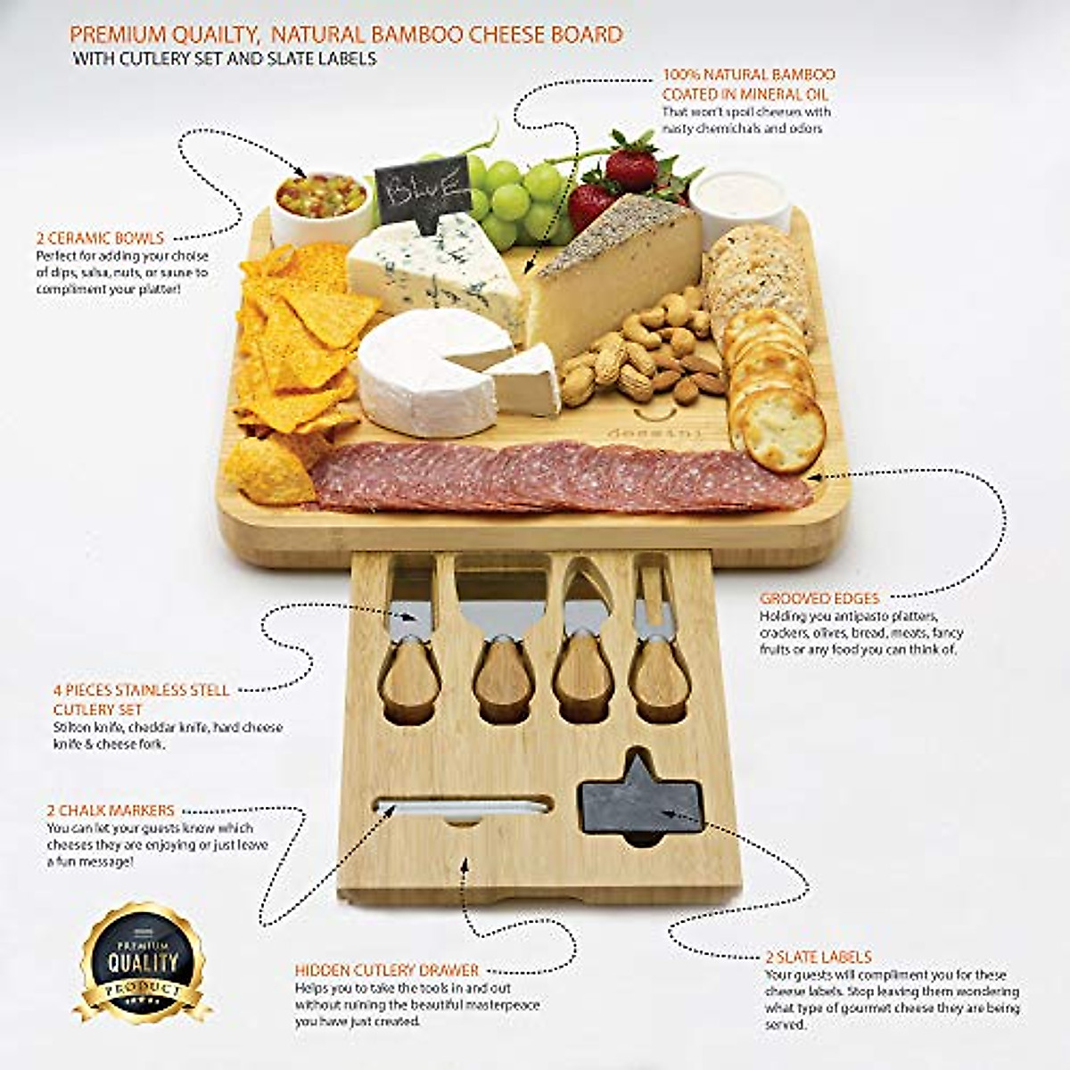 DESSINI Natural Bamboo Cheese Board and Cutlery Set, Wooden Charcuterie Meat Platter and Serving Tray with accessories, Unique gift for Birthday, Mother's Day, Father's Day, Anniversary, House Warming