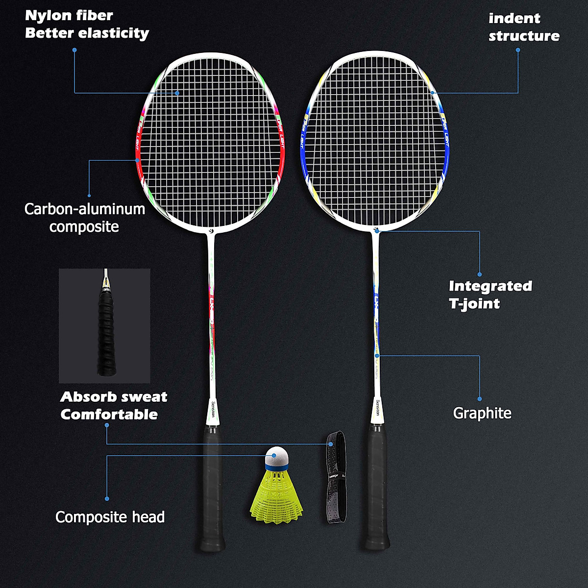 Senston Badminton Rackets Set of 2, Graphite Shaft Badminton Racquets Including Badminton Bag, 2 Badminton Shuttlecock, 2 Racquet Grip