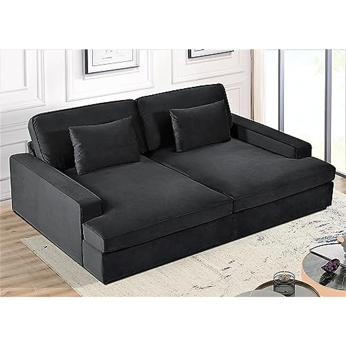 Container Furniture Direct Modern Glam Velvet Sleeper Sofa Bed with Luxurious Design, Elegant Centerpiece for Stylish Living Rooms and Comfortable Lounging with 2 Accent Pillows, Black