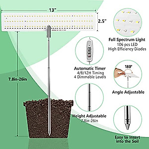 LORDEM Plant Grow Light, Full Spectrum LED Grow Light for Indoor Plants, Growing Lamp with 4 Dimmable Brightness, Auto On/Off Timer 4/8/12H, 26" Height Adjustable, Suitable for Plant Growth