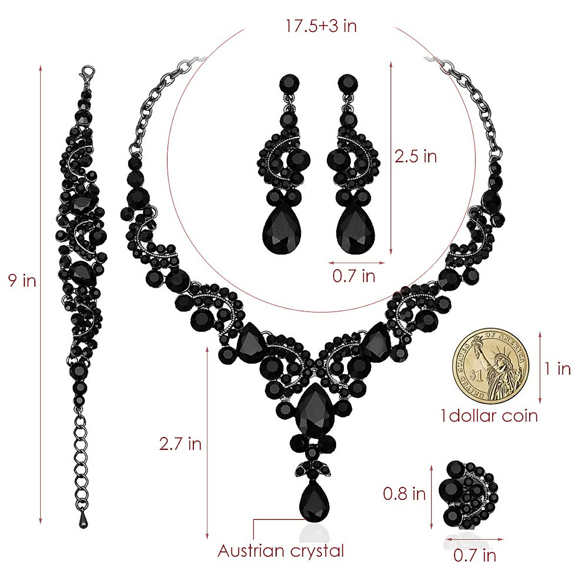 CSY 4 Pcs/Sets Vintage Necklace Earrings Bracelet Ring Retro Bridal Wedding Costume Jewelry Sets for Brides Women Gifts (Black Crystal)