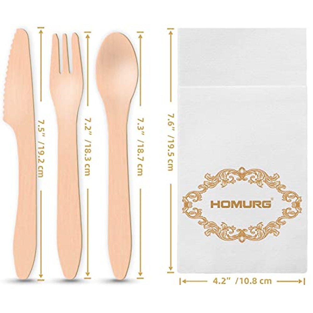HOMURG Luxury Folded Paper Napkins with Wooden Silverware Bulk for 100 Guests, White Pocket Napkin Serviette and Wood Cutlery, Wedding Birthday Christmas Party Guest Towels & Flatware Set 300 Utensils