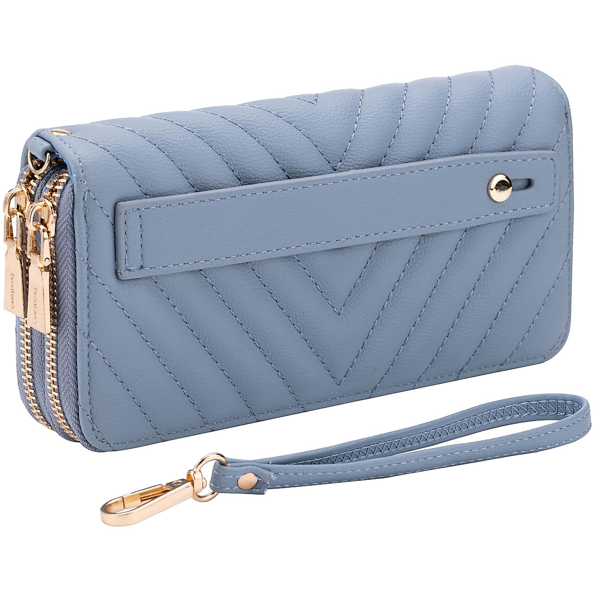 B BRENTANO Vegan Leather Double Zipper Pocket Wallet with Grip Hand Strap (Chevron Embroidered Blue)