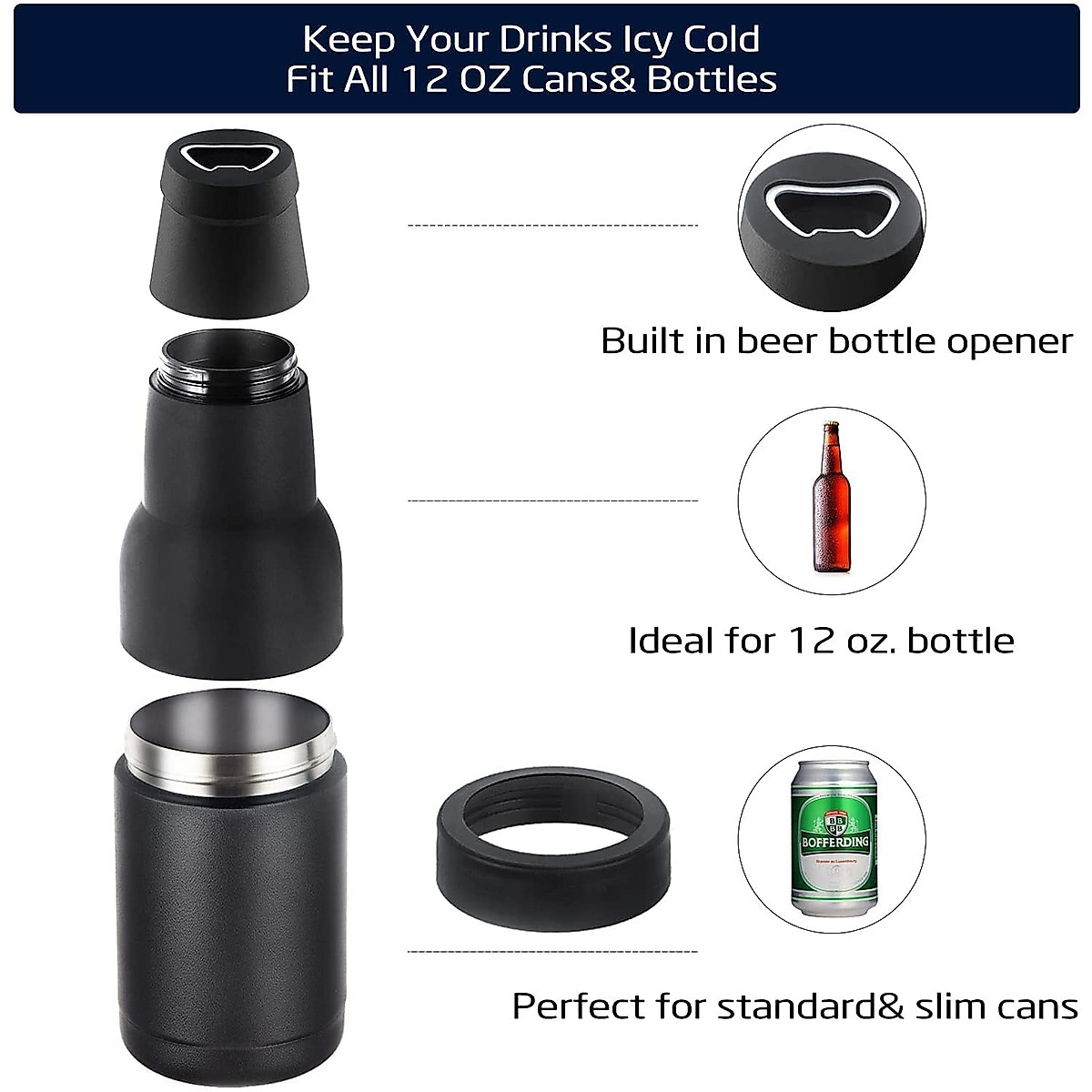 Stainless Steel Vacuum Insulated Double Walled Stainless Steel Cooler with Beer Opener 3 in 1 Beer Bottle and Can Cooler, 12 oz. Slim Can Insulator Holder (green)