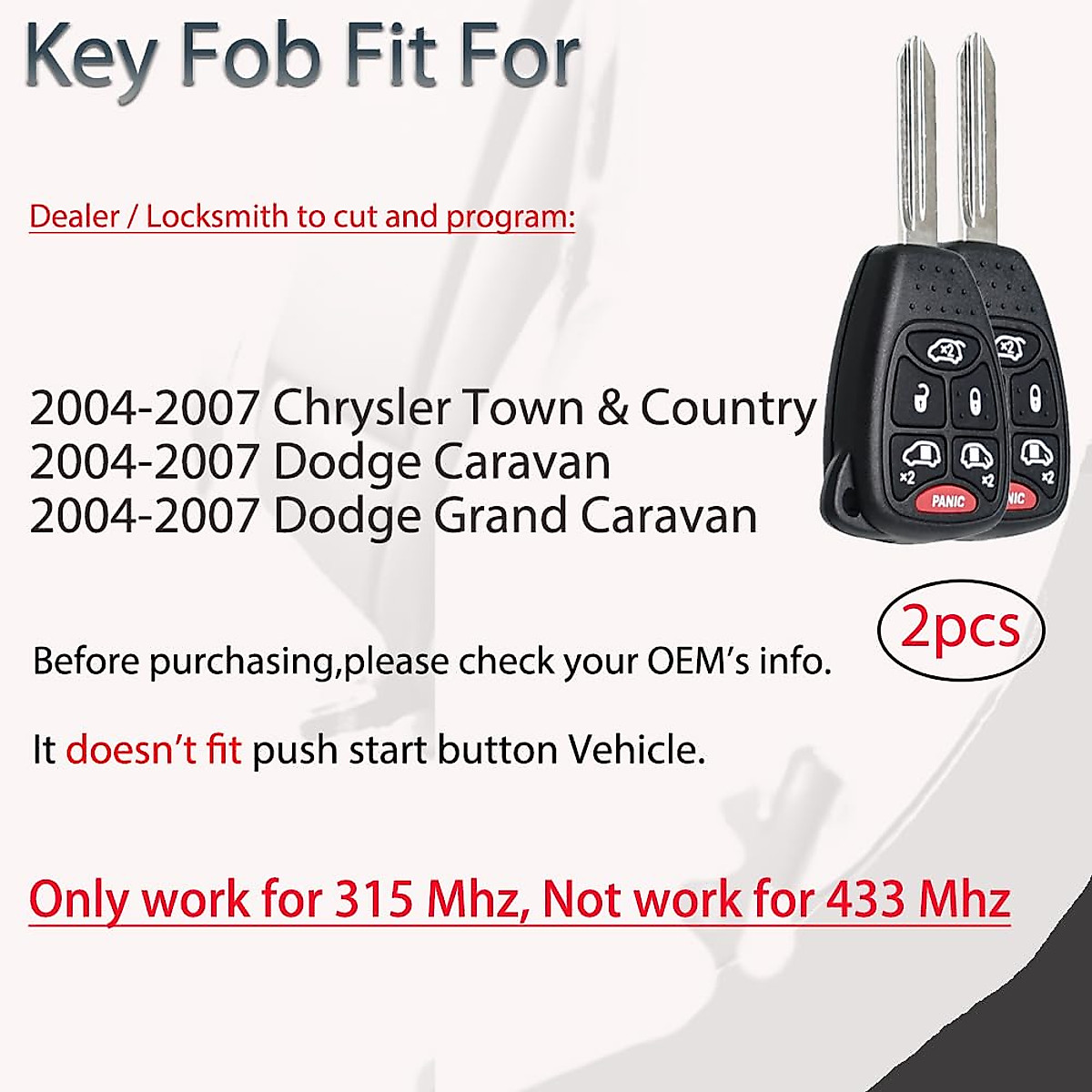 Key Fob Keyless Entry Fits for Chrysler Town & Country Dodge Grand Caravan 2004 2005 2006 2007 Remote Control Replacement 05183683AA M3N5WY72XX 46Chip 315MHz 6 Button Head Fob Key (Set of 2)