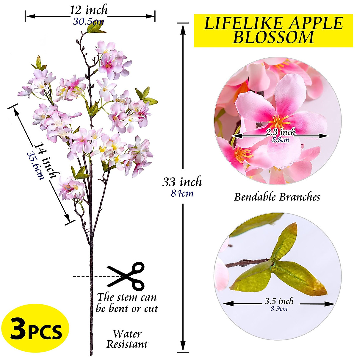 Grand Verde Artificial Apple Blossom Silk Flowers Tree Branches 33” Long Stems Faux Bouquet for Tall Vase Indoor Home Decor DIY Wedding Centerpiece Decoration, Bulk 3pcs (Pink)