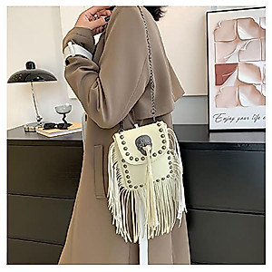 Women's Crossbody Bag Shoulder Bag with Tassel Fringe Collection Vegan Leather Tote Bag Purses and Handbags (Off-white)