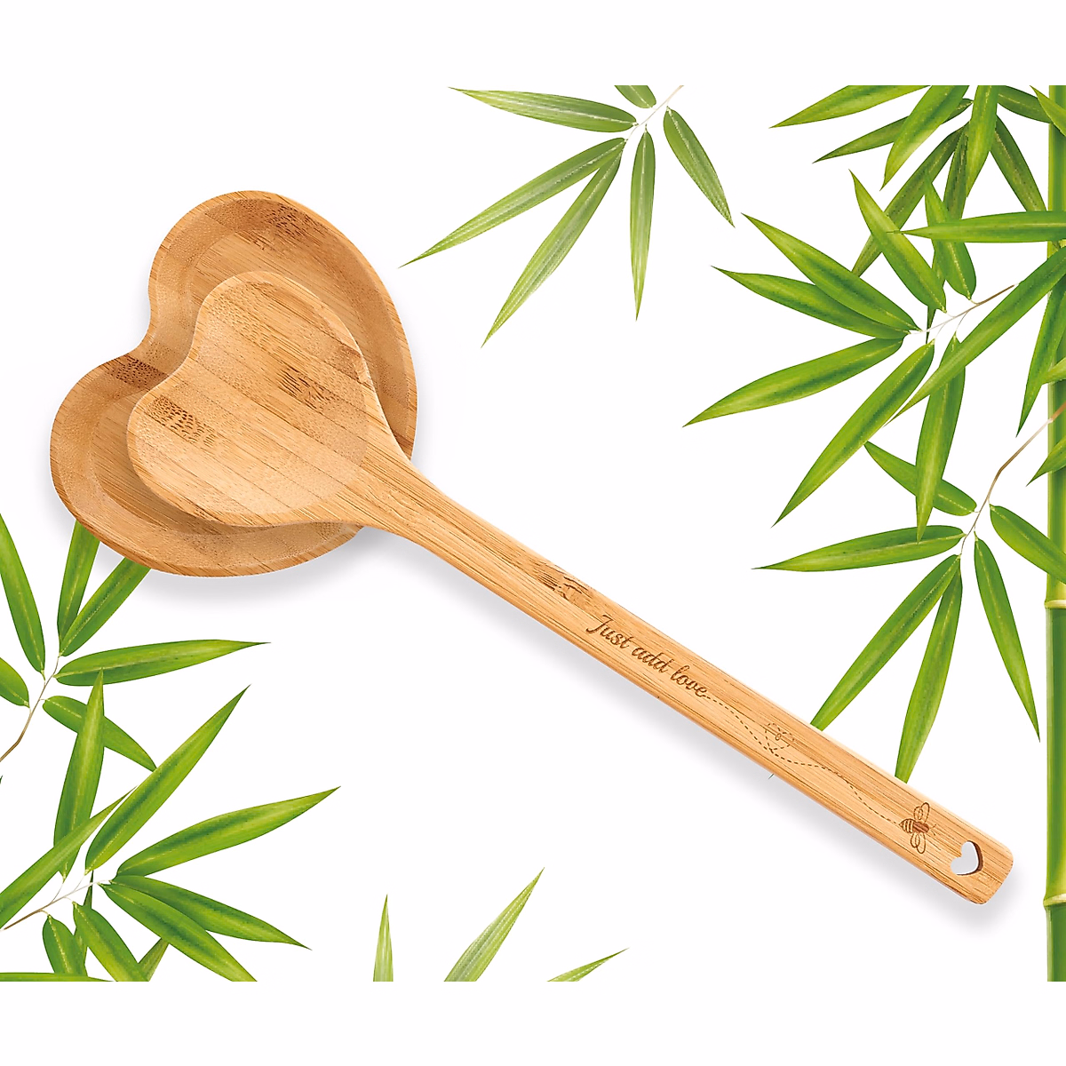 Heart Shaped Wooden Spoon & Heart Spoon Rest With A Unique Bumble Bee Design. Queen Bee Kitchen decor and accessories - Engraved With Just Add Love